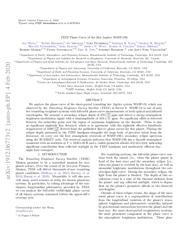 (PDF) TESS Phase Curve of the Hot Jupiter WASP-19b