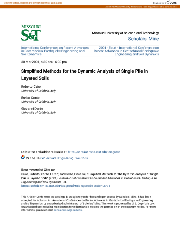 (PDF) Simplified Methods for the Dynamic Analysis of Single Pile in Layered Soils
