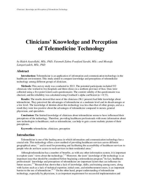 (PDF) Clinicians' Knowledge and Perception of Telemedicine Technology