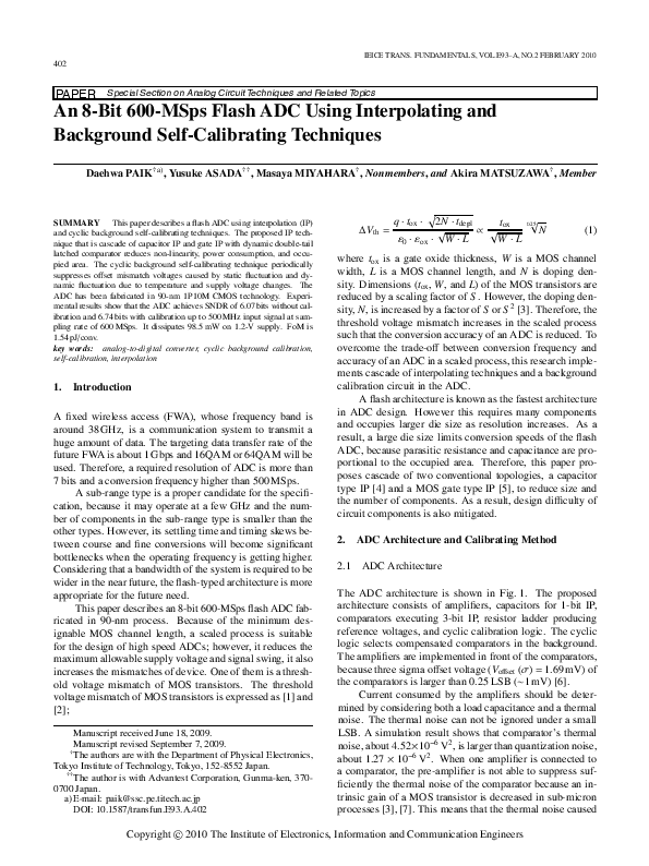 (PDF) An 8-Bit 600-MSps Flash ADC Using Interpolating and Background Self-Calibrating Techniques