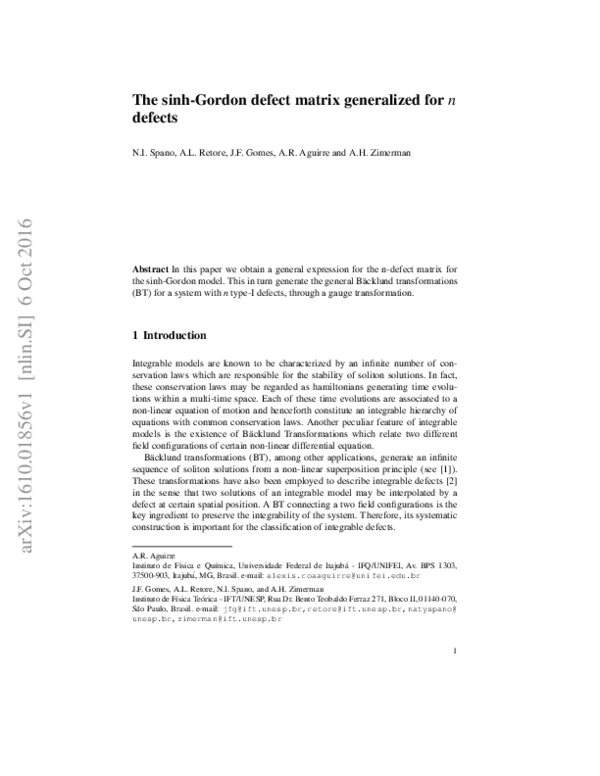 (PDF) The sinh-Gordon defect matrix generalized for n defects