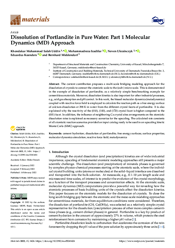 (PDF) Dissolution of Portlandite in Pure Water: Part 1 Molecular ...