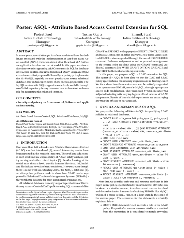(PDF) Poster: ASQL - Attribute Based Access Control Extension for SQL