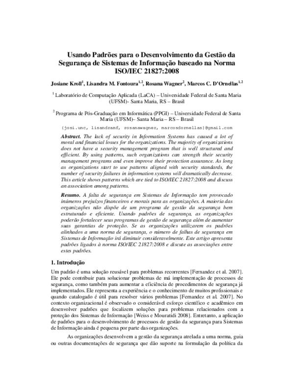 (PDF) Usando Padrões para o Desenvolvimento da Gestão da Segurança de ...