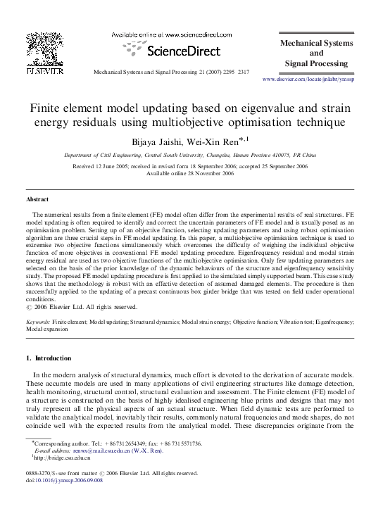 (PDF) Finite element model updating based on eigenvalue and strain energy residuals using ...