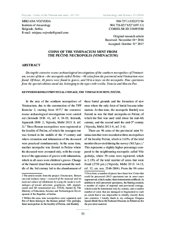 (PDF) Coins of the Viminacium Mint from the Pećine Necropolis (Viminacium)