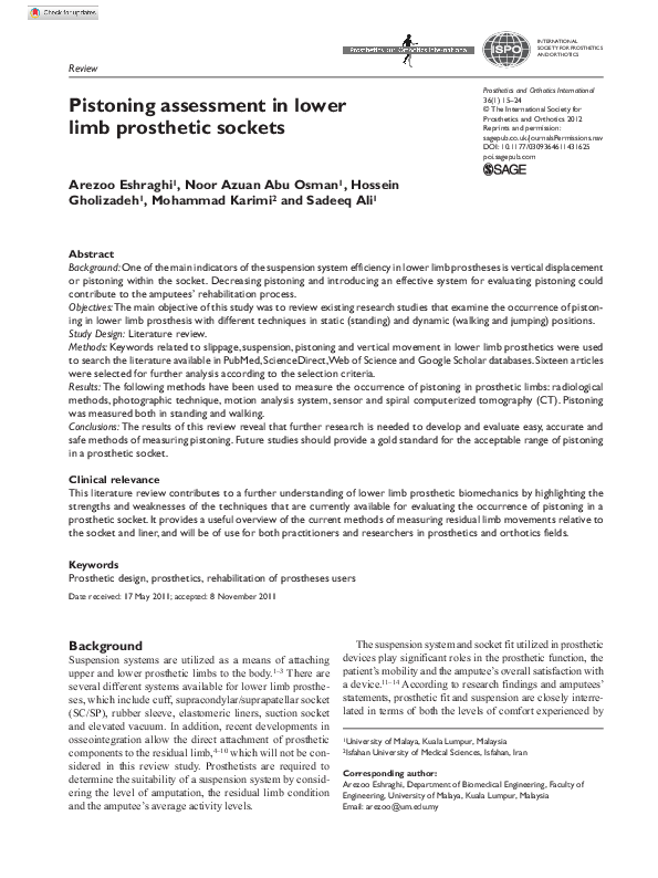 (PDF) Pistoning assessment in lower limb prosthetic sockets