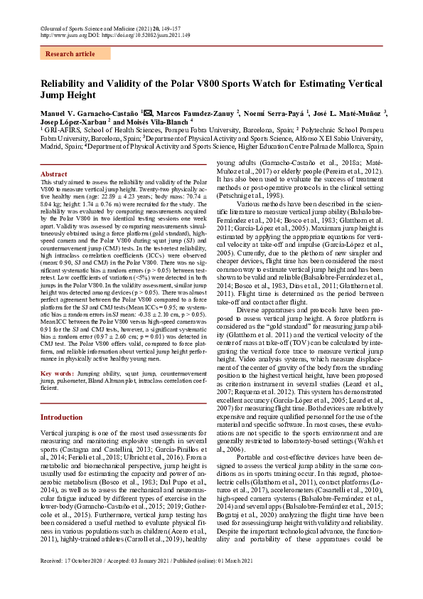 (PDF) Reliability and Validity of the Polar V800 Sports Watch for Estimating Vertical Jump Height