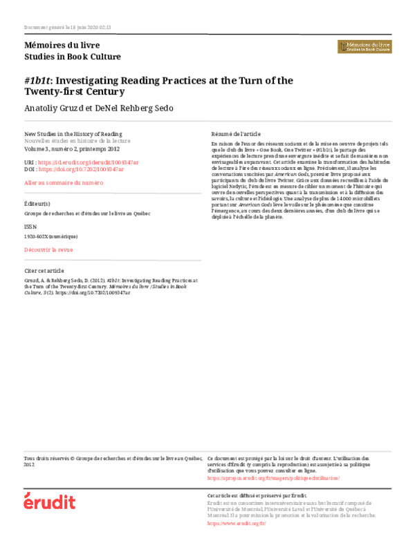 (PDF) #1b1t: Investigating Reading Practices at the Turn of the Twenty ...