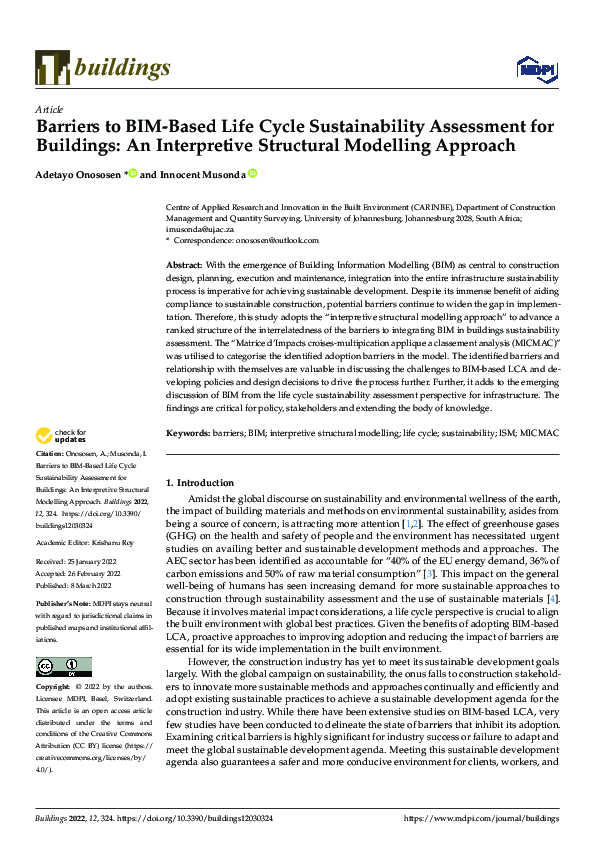(PDF) Barriers to BIM-Based Life Cycle Sustainability Assessment for Buildings: An Interpretive ...