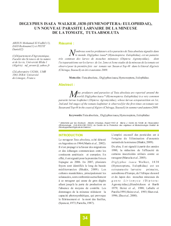 (PDF) Diglyphus isaea Walker ,1838 (Hymenoptera: Eulophidae), un ...