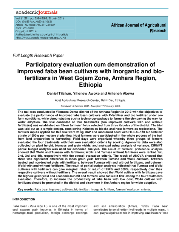 (PDF) Participatory evaluation cum demonstration of improved faba bean cultivars with inorganic ...