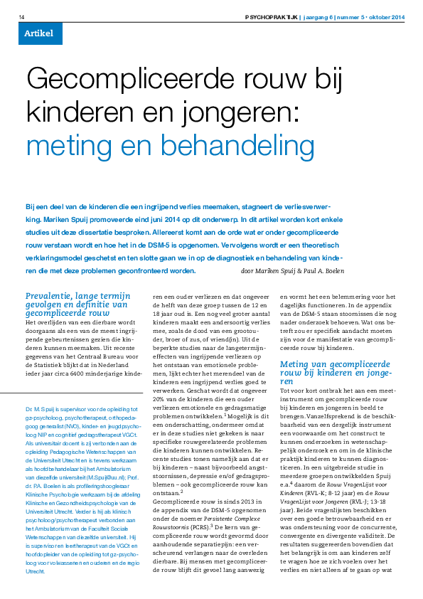 (PDF) Gecompliceerde rouw bij kinderen en jongeren: meting en behandeling