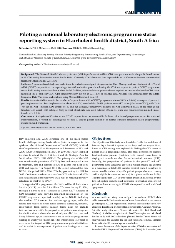 Piloting a national laboratory electronic programme status reporting ...