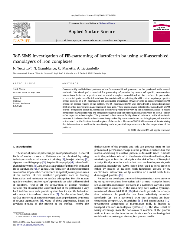 (PDF) ToF-SIMS investigation of FIB-patterning of lactoferrin by using ...