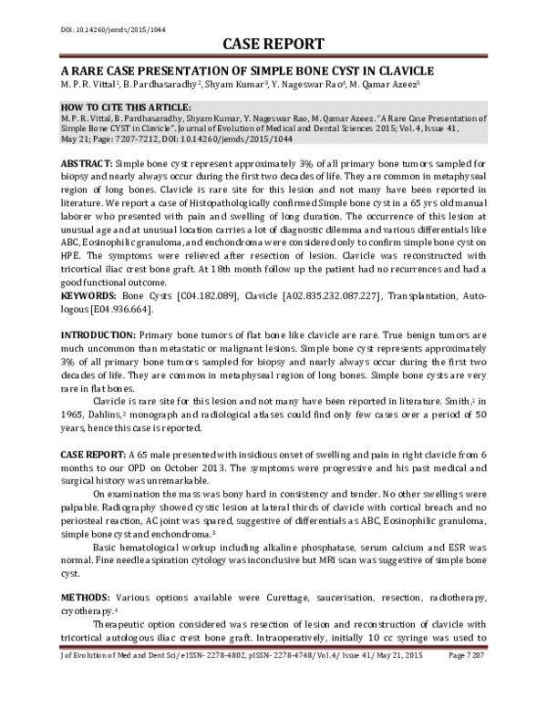 (PDF) A Rare Case Presentation of Simple Bone Cyst in Clavicle
