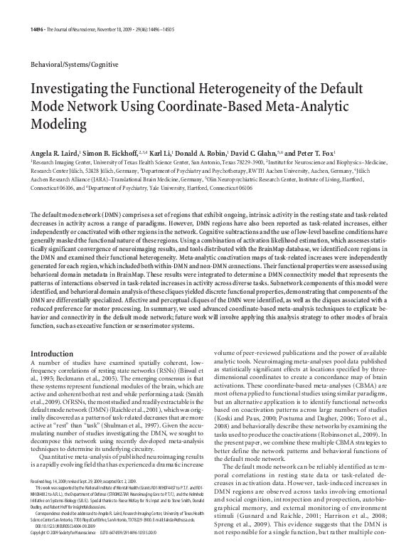 (PDF) Investigating the functional heterogeneity of the default mode network using coordinate ...