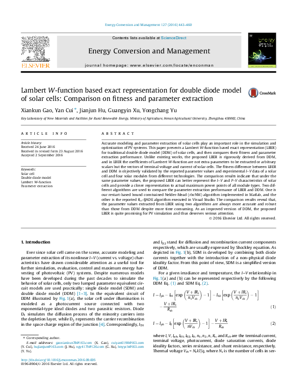 (PDF) Lambert W-function based exact representation for double diode model of solar cells ...