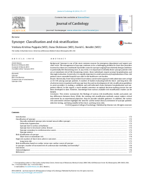 (PDF) Syncope: Classification and risk stratification