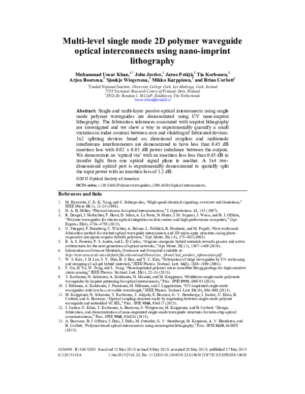 (PDF) Multi-level single mode 2D polymer waveguide optical interconnects using nano-imprint ...