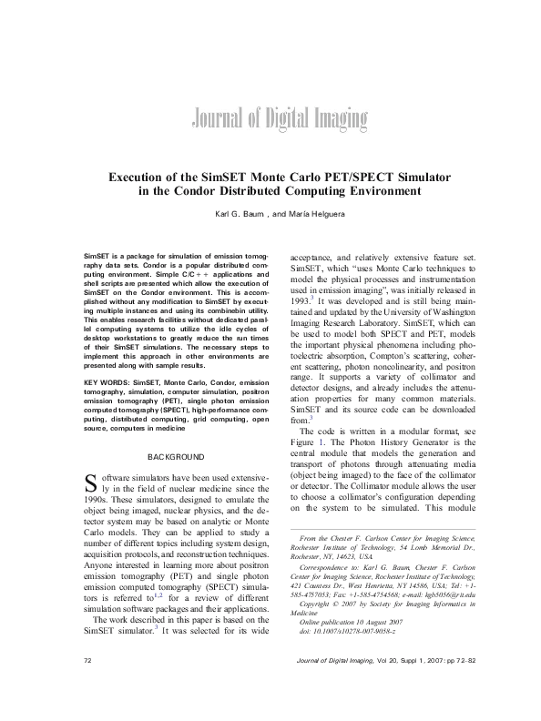 (PDF) Execution of the SimSET Monte Carlo PET/SPECT Simulator in the Condor Distributed ...