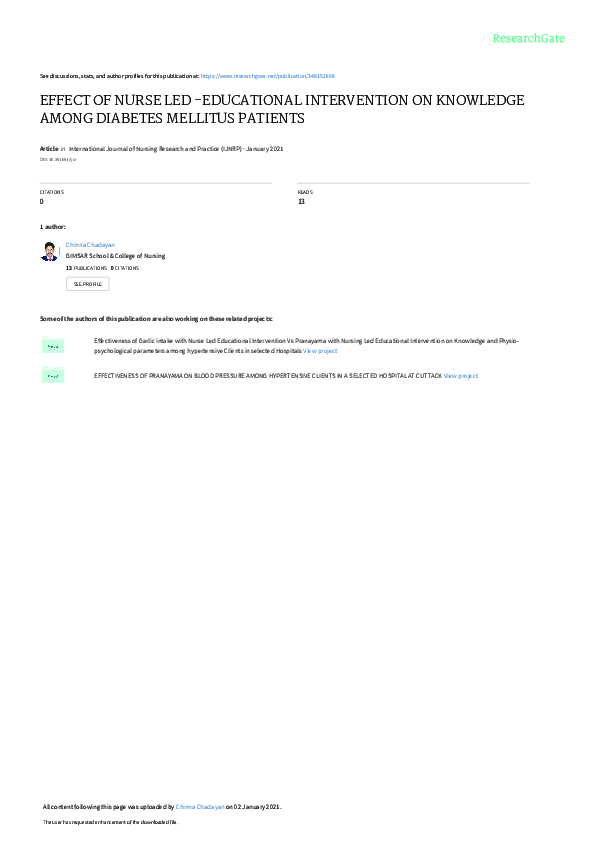 Pdf Effect Of Nurse Led Educational Intervention On Knowledge Among Diabetes Mellitus