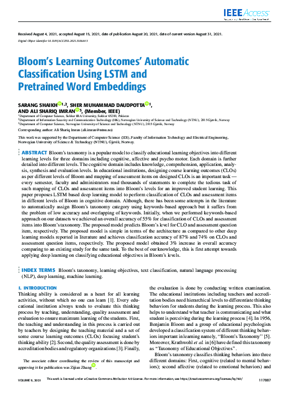 Bloom’s Learning Outcomes’ Automatic Classification Using LSTM and Pretrained Word Embeddings