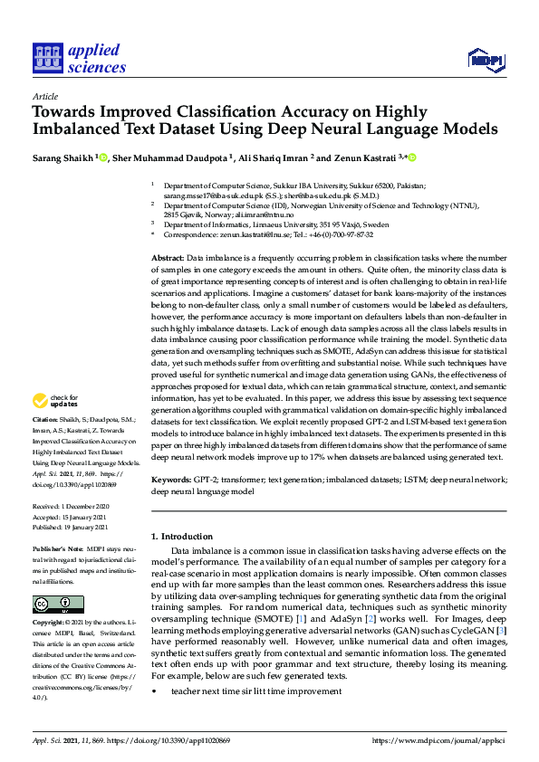 Pdf Improving Classification On Imbalanced Text Datasets With Deep