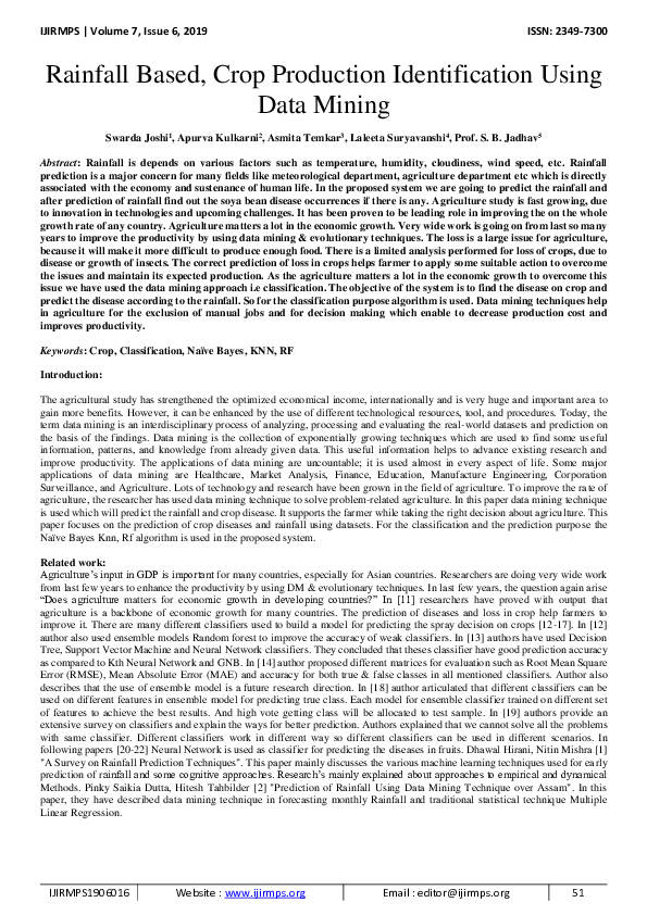 (PDF) Rainfall Based, Crop Production Identification Using Data Mining