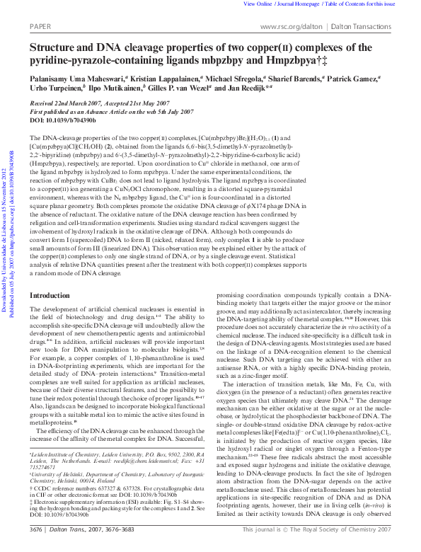 (PDF) Structure and DNA cleavage properties of two copper(ii) complexes of the pyridine-pyrazole ...