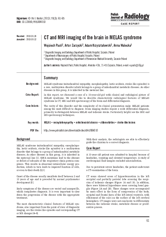 (PDF) CT and MRI imaging of the brain in MELAS syndrome