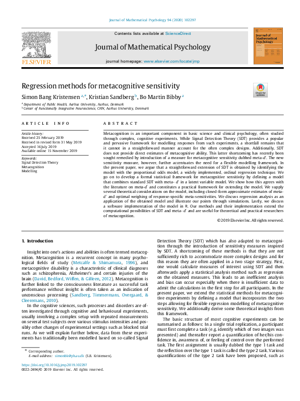 (PDF) Regression methods for metacognitive sensitivity
