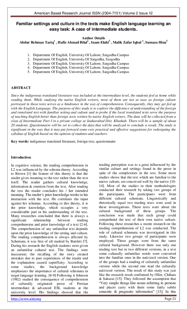 (PDF) Familiar settings and culture in the texts make English language ...