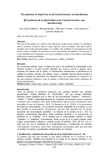 (PDF) The problem of objectivity in the Social Sciences: an introduction