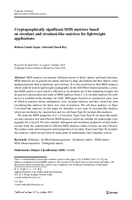 Pdf Cryptographically Significant Mds Matrices Based On Circulant And Circulant Like Matrices