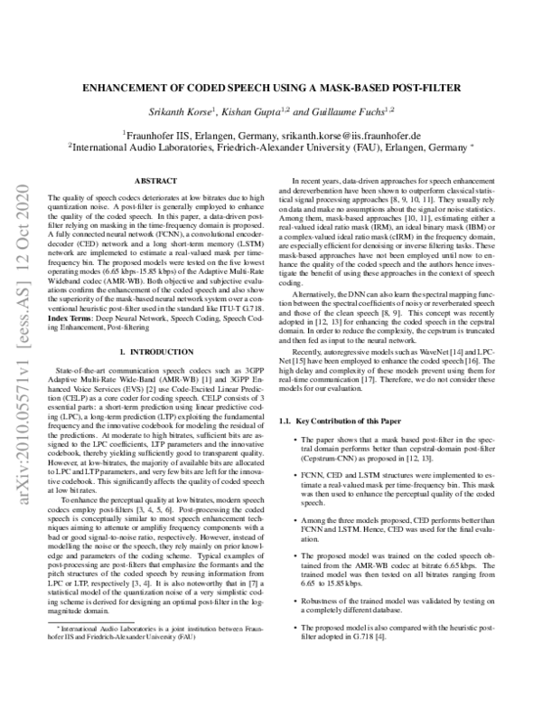 (PDF) Enhancement of Coded Speech Using a Mask-Based Post-Filter