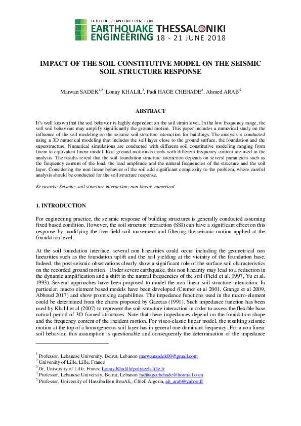 (PDF) Impact of the Soil Constitutive Model on the Seismic Soil Structure Response
