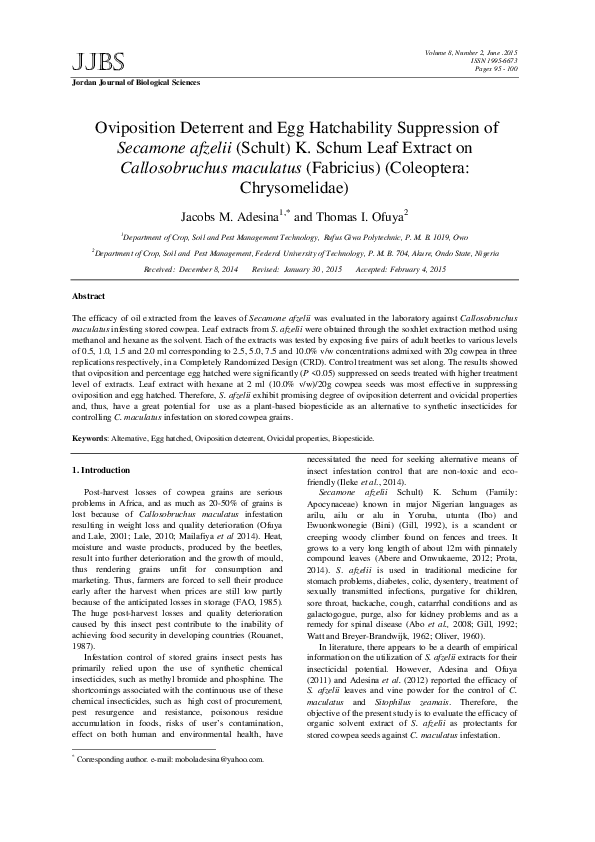 (PDF) Oviposition Deterrent and Egg Hatchability Suppression of ...
