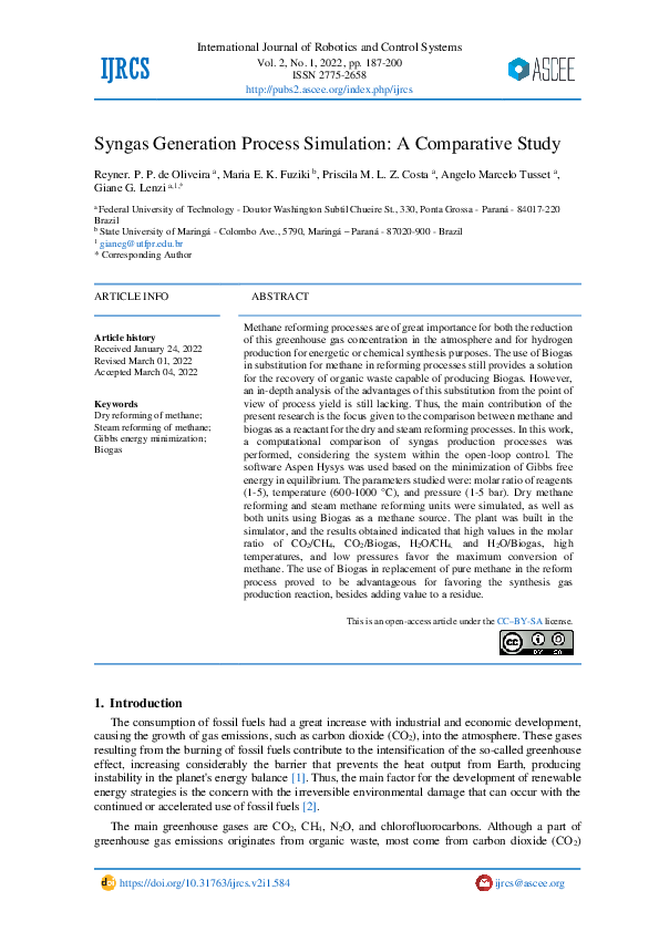 (PDF) Syngas Generation Process Simulation: A Comparative Study
