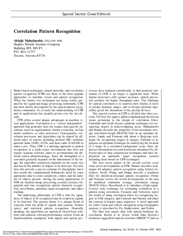 (PDF) Guest Editorial: Special Section on Correlation Pattern Recognition | Abhijit Mahalanobis ...