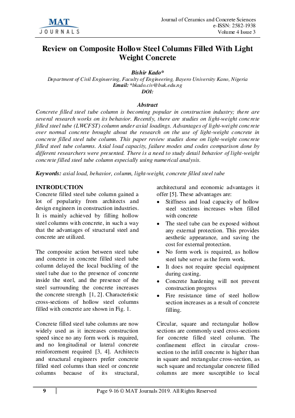(PDF) Review on Composite Hollow Steel Columns Filled With Light Weight Concrete