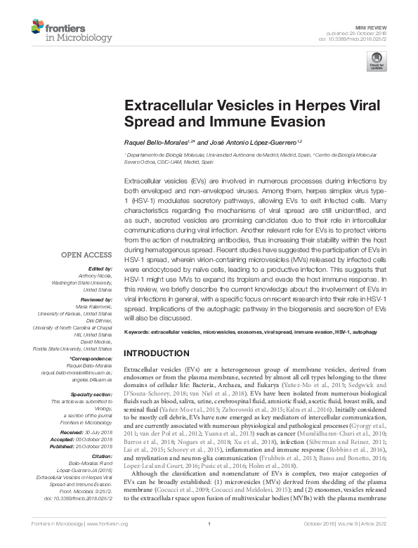 (PDF) Extracellular Vesicles in Herpes Viral Spread and Immune Evasion