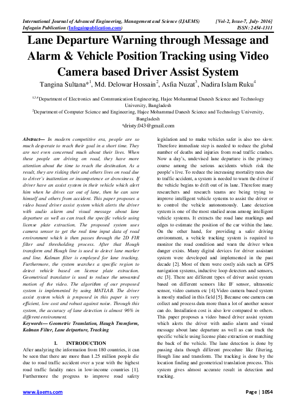 (PDF) Lane Departure Warning through Message and Alarm & Vehicle Position Tracking using Video ...