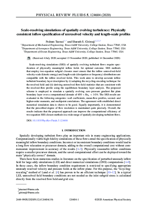 (PDF) Scale-resolving simulations of spatially evolving turbulence: Physically consistent inflow ...