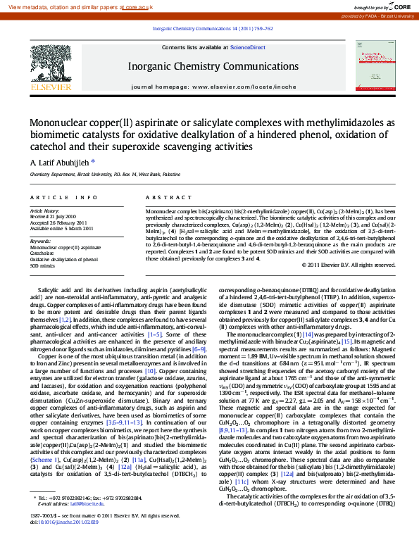 (PDF) Mononuclear copper(ll) aspirinate or salicylate complexes with methylimidazoles as ...