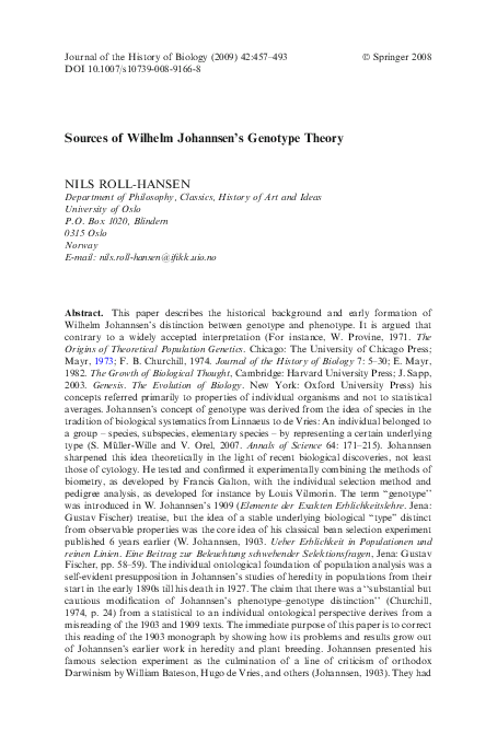 (PDF) Sources of Wilhelm Johannsen’s Genotype Theory