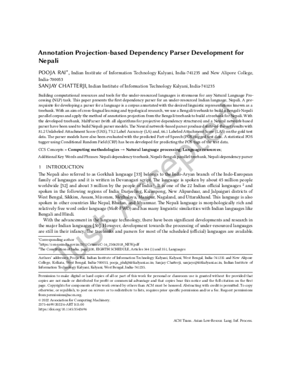 (PDF) Annotation Projection-based Dependency Parser Development for Nepali