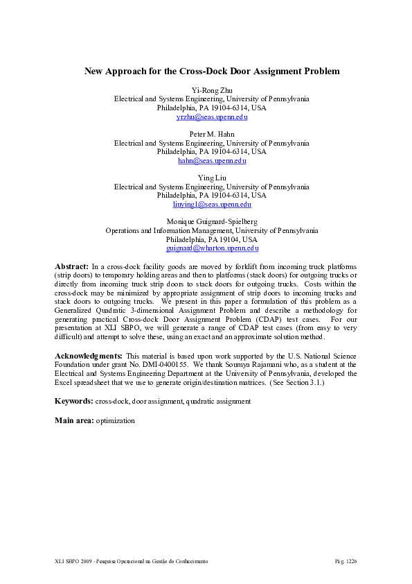 (PDF) New Approach for the Cross-Dock Door Assignment Problem