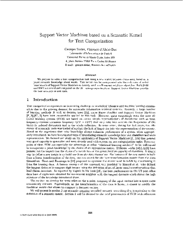 (PDF) Support Vector Machines based on a semantic kernel for text categorization | Florence d ...