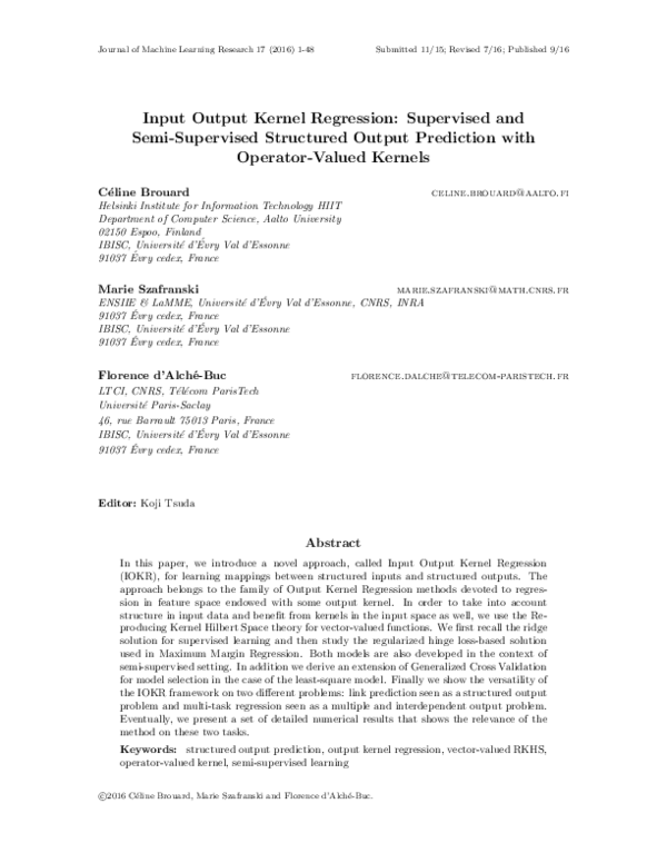 Pdf Input Output Kernel Regression Supervised And Semi Supervised
